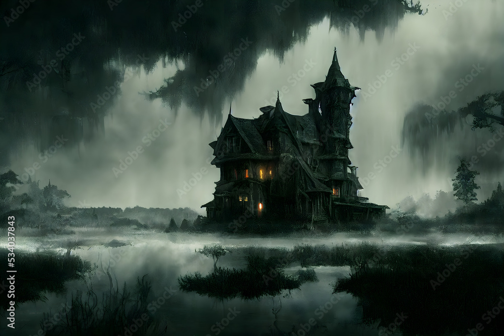 Haunted Mansion in the Middle of a Swamp Concept Art Illustration Stock ...