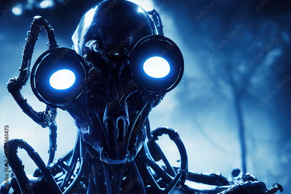3 D render. Alien warrior, biomechanical creatures, cyborg, robot ...