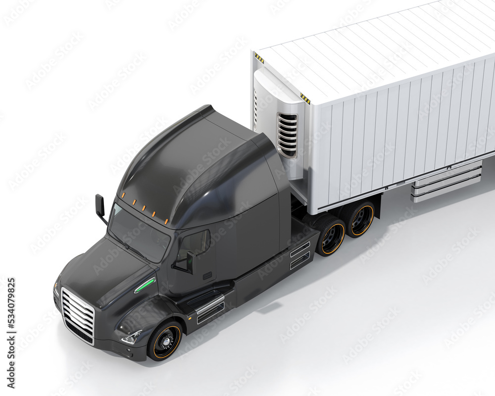 Black heavy truck with reefer container on white background. Cold chain ...