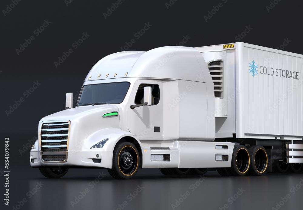 White fuel cell powered heavy truck with reefer container on black ...