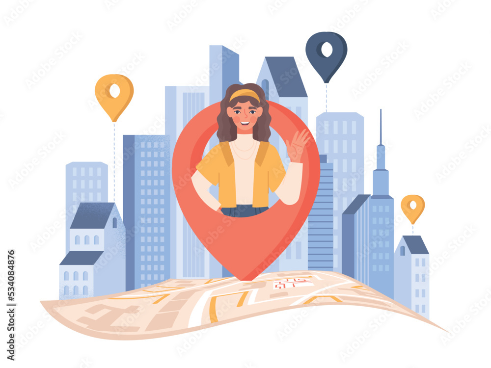 Current location concept. Portrait of woman marked on map, geolocation ...