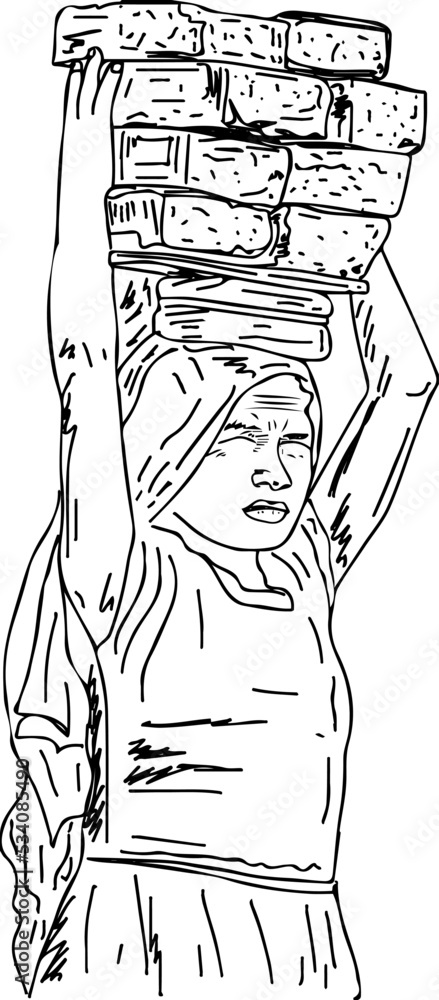 Stop child labour sketch drawing, young kid girl carrying bricks on her ...