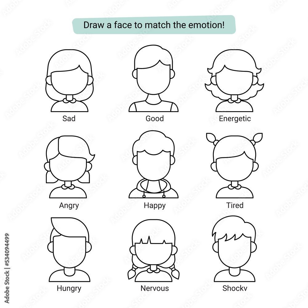 Draw a face to match the emotion themed worksheets for kids Stock ...