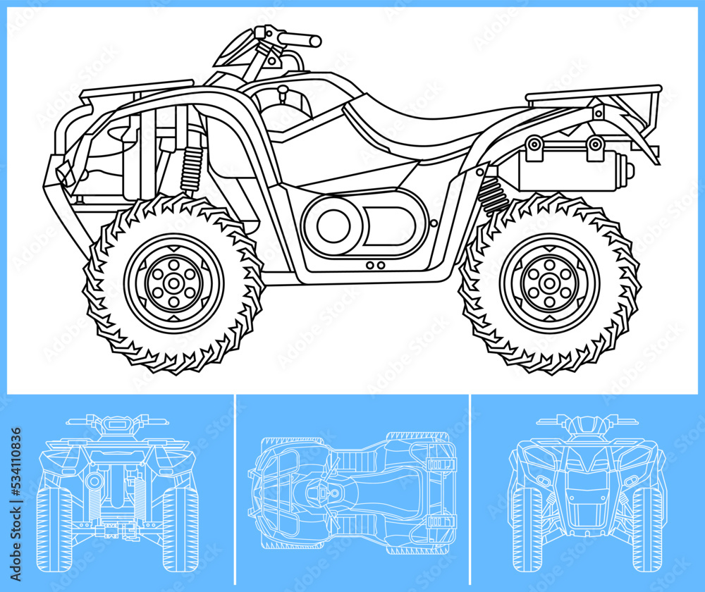 ATV template. Transportation outline stroke template. Blue print layout ...