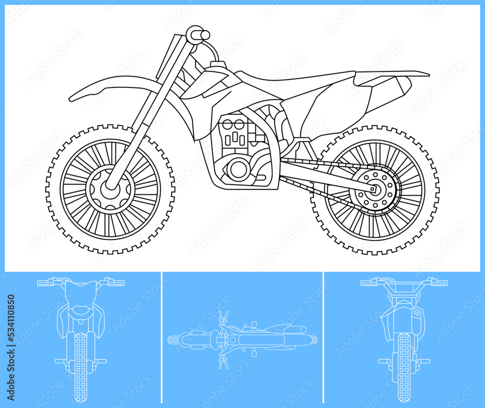 Motocross template. Transportation outline stroke template. Blue print ...