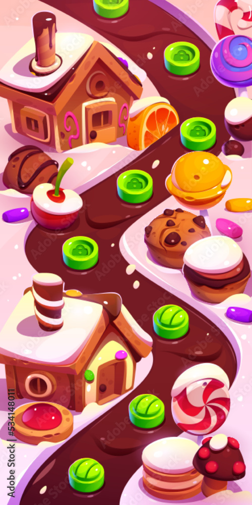 Candy land mobile game map, cartoon illustration. Magic sweet town with ...