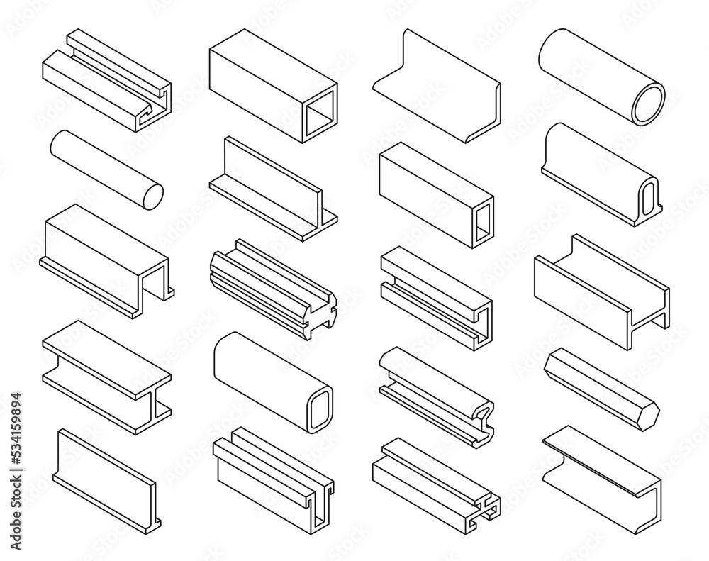 Steel products, iron profile silhouettes. Metal beam, pipe, girder ...