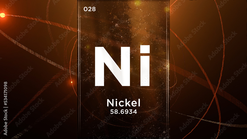 Nickel (Ni) symbol chemical element of the periodic table, 3D animation ...