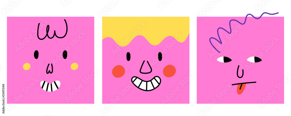 Abstract square faces. Funny cartoon characters with different emotions ...