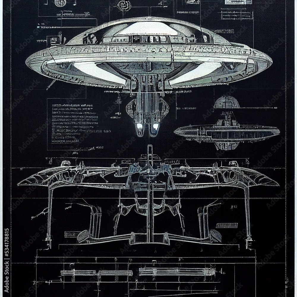 Ilustração Alien space ship, flying saucer, blueprint, sketch, diagram ...
