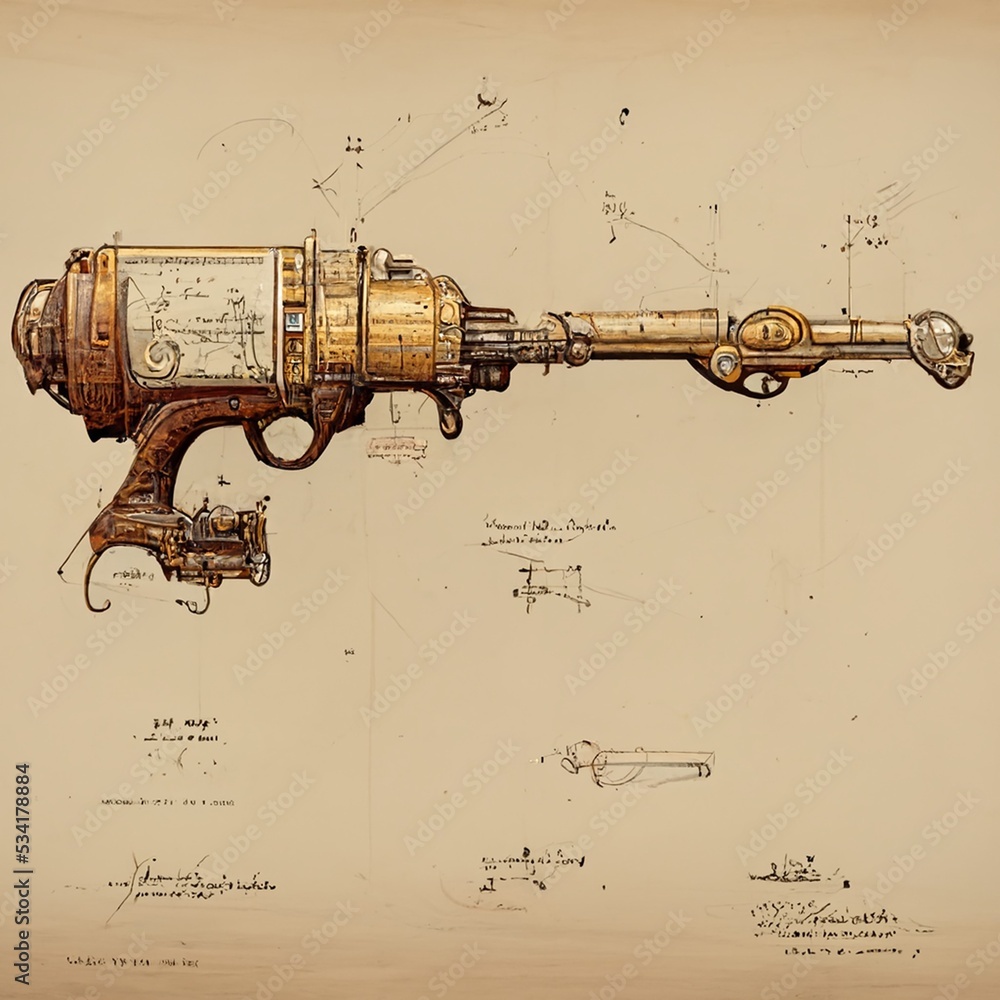 Ilustração Alien futuristic rifle blueprint, sketch, diagram, outline ...