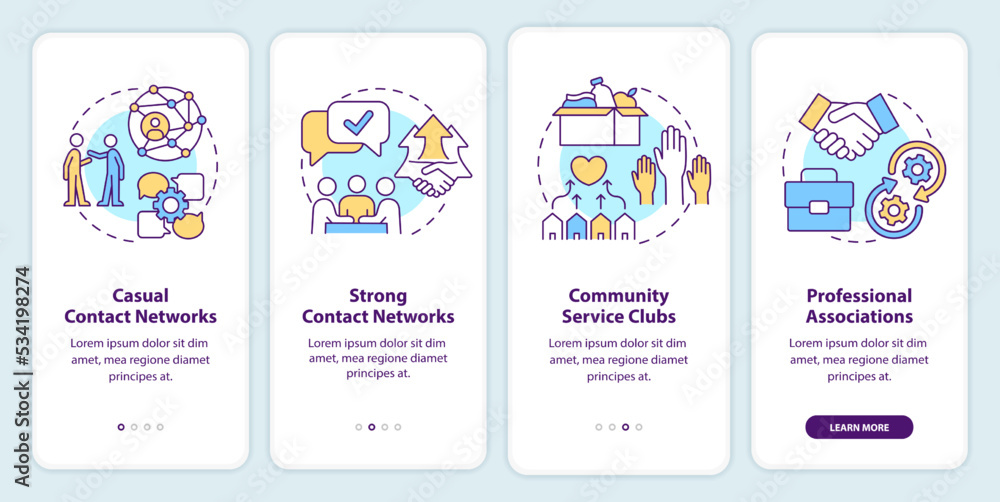 Business networking groups onboarding mobile app screen. Communities ...