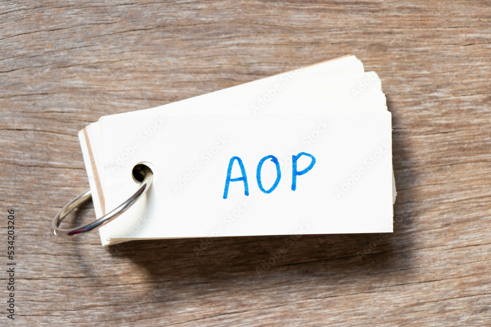 Flash card with handwriting in word AOP (abbreviation of Annual ...