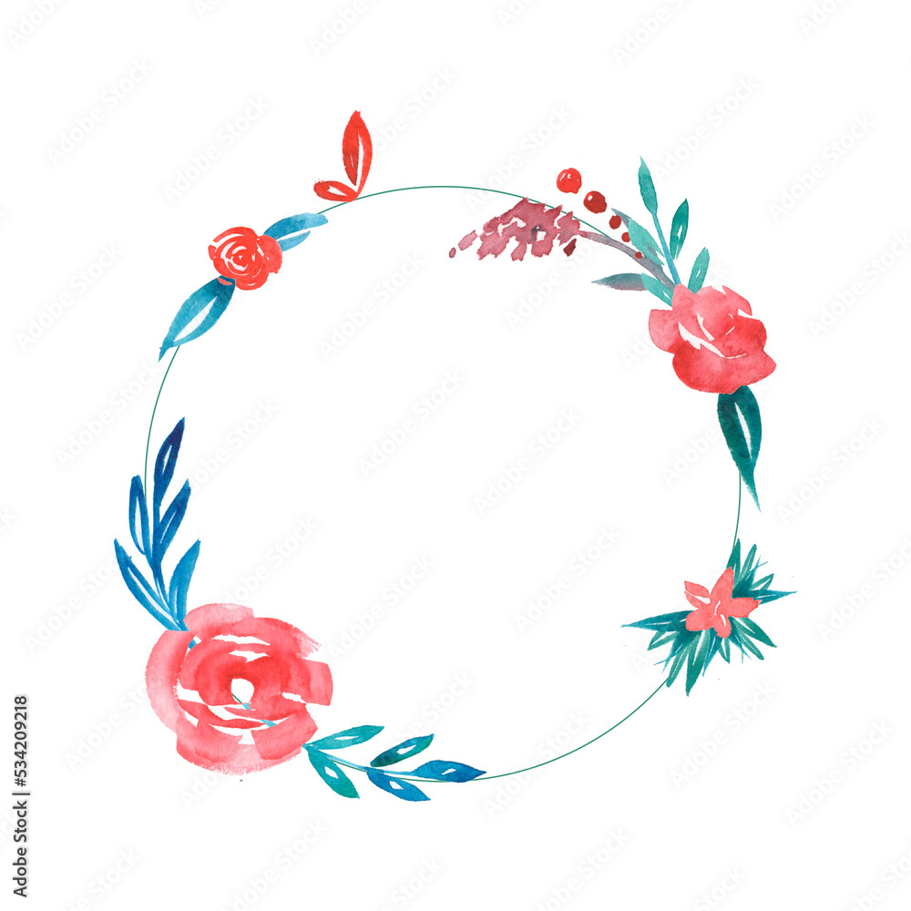 Watercolor circle frame with flowers and leaves. Floral illustration ...