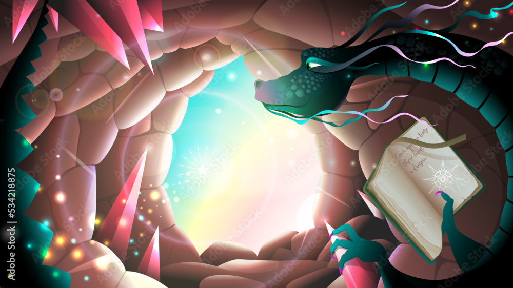 Fantasy Dragon reading legend book in magic crystal cave, underground ...