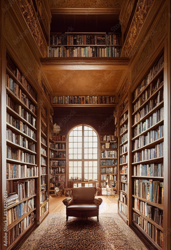 Beautiful library architecture with giant bookshelves, epic interior ...