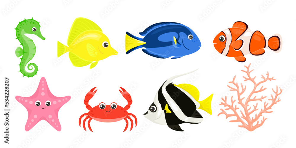 Vektor Set of coral reef fish. Cute crab, starfish, bannerfish, blue ...