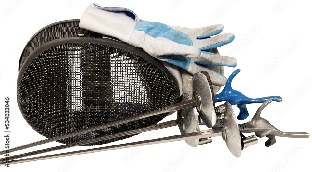 Foil fencing equipment. Three fencing foils with pistol grip (sporting ...