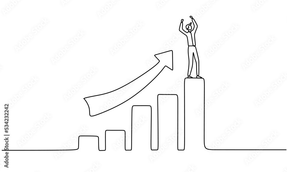 One continuous line draw graph up with progress chart. Single line ...