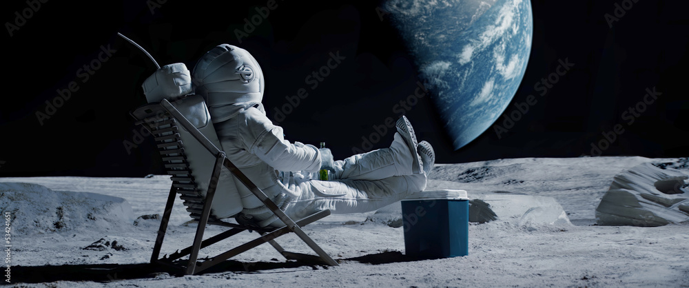 Back view of lunar astronaut having a beer while resting in a beach ...