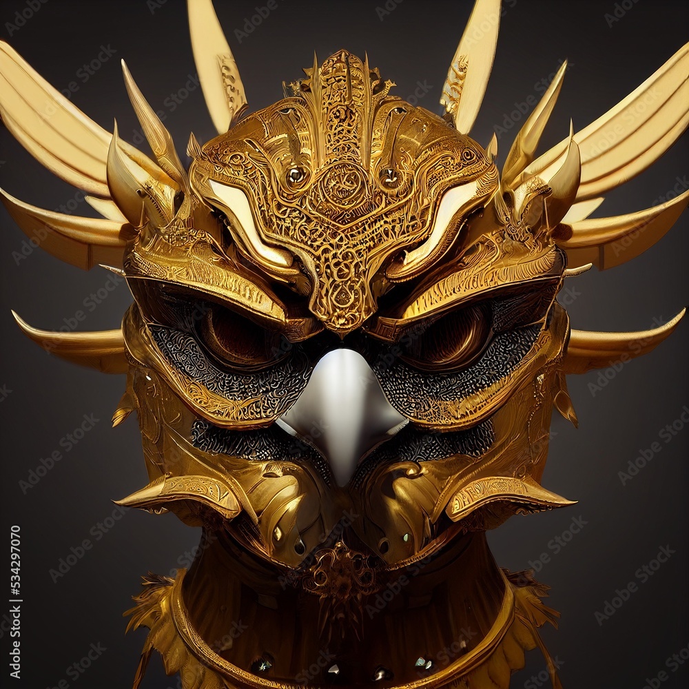 Garuda inspiration mask, red and gold mask, precious metal mask with a ...