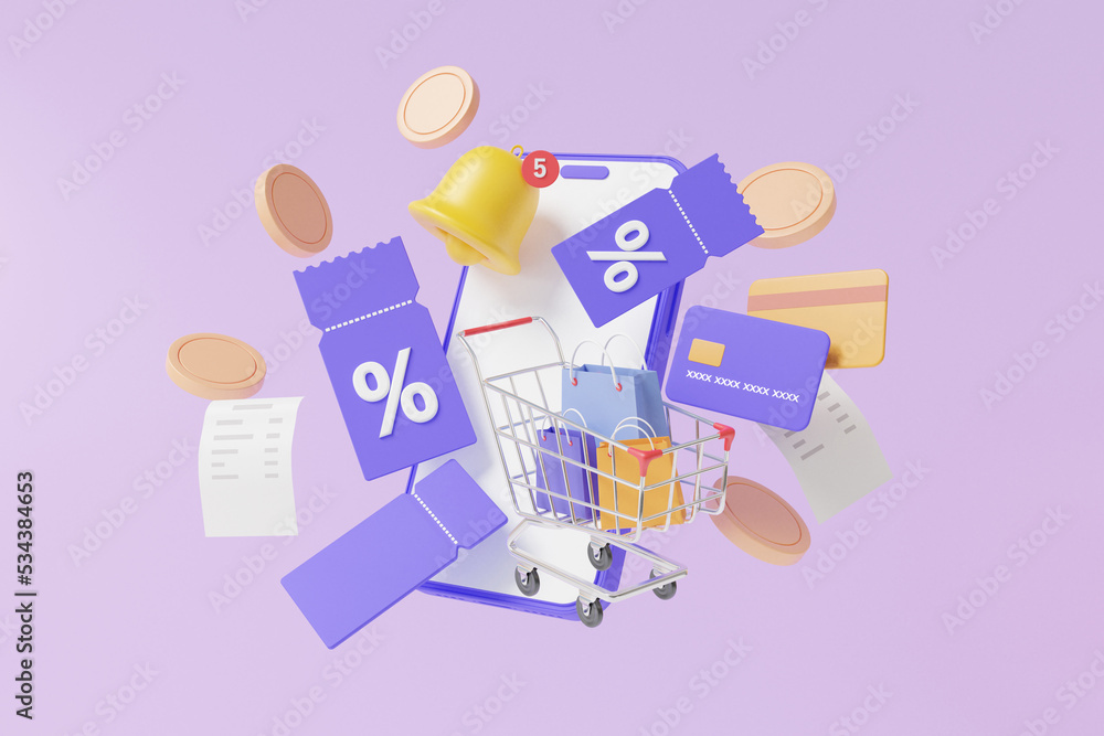 Promotion shopping via online mobile phone, discount coupons concept ...