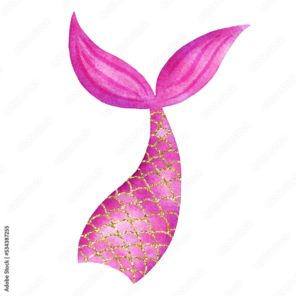 Pink watercolor Mermaid tail Stock Illustration | Adobe Stock
