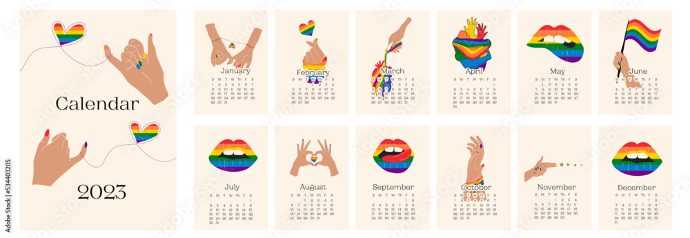2023 calendar design with lgbt symbol. Hand drawn calendar planner ...