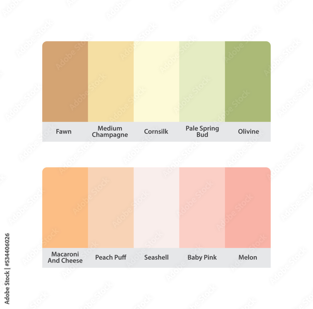 Matching warm color palette guide catalog collection. RGB HEX codes ...