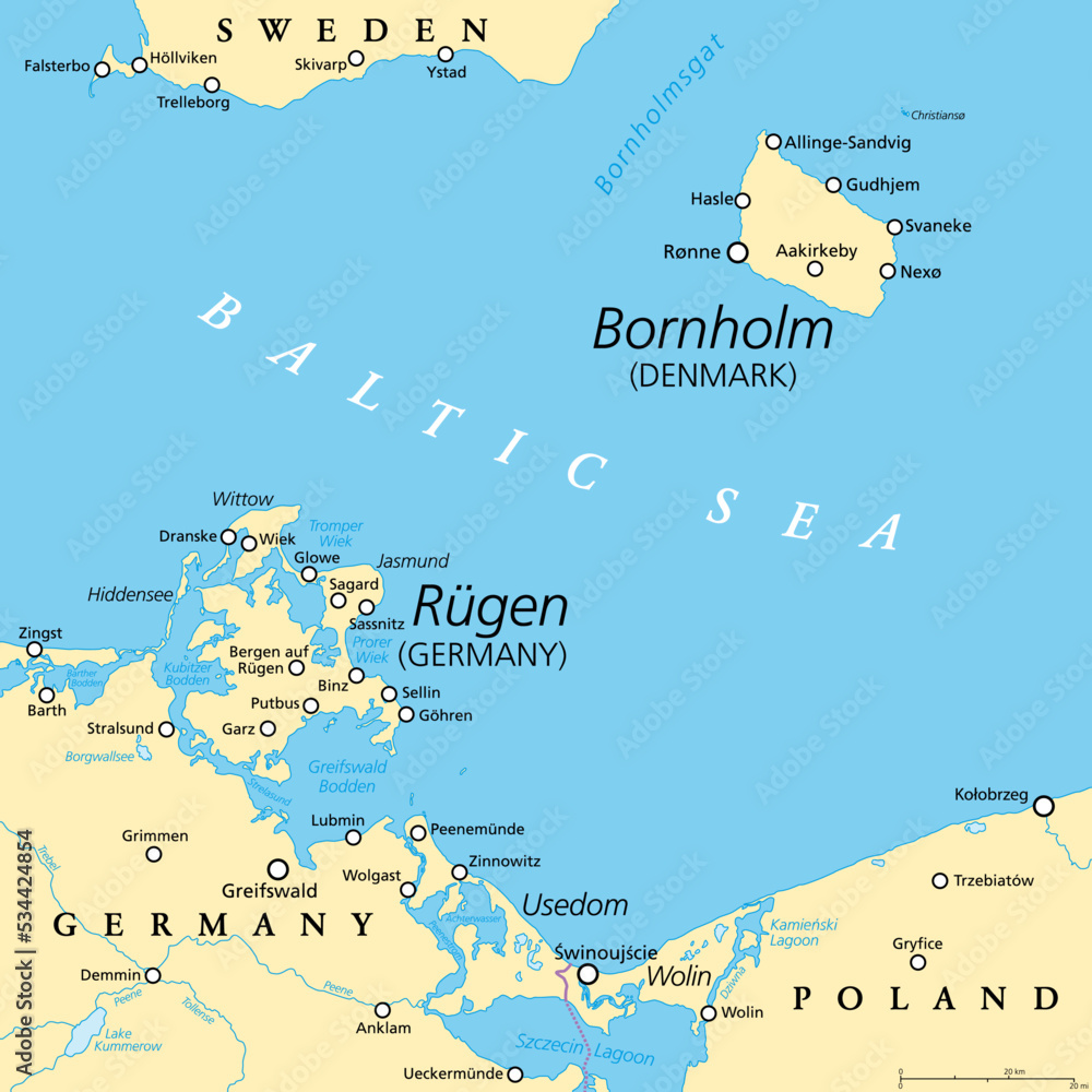 Political map of Bornholm, an Danish island, and Ruegen, the largest ...