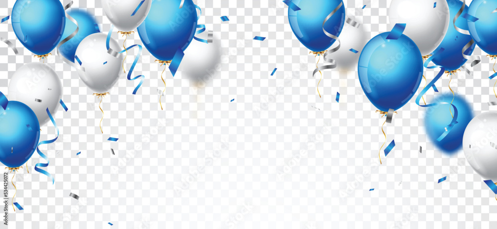Birthday Celebrations banner with blue, white balloons and confetti ...