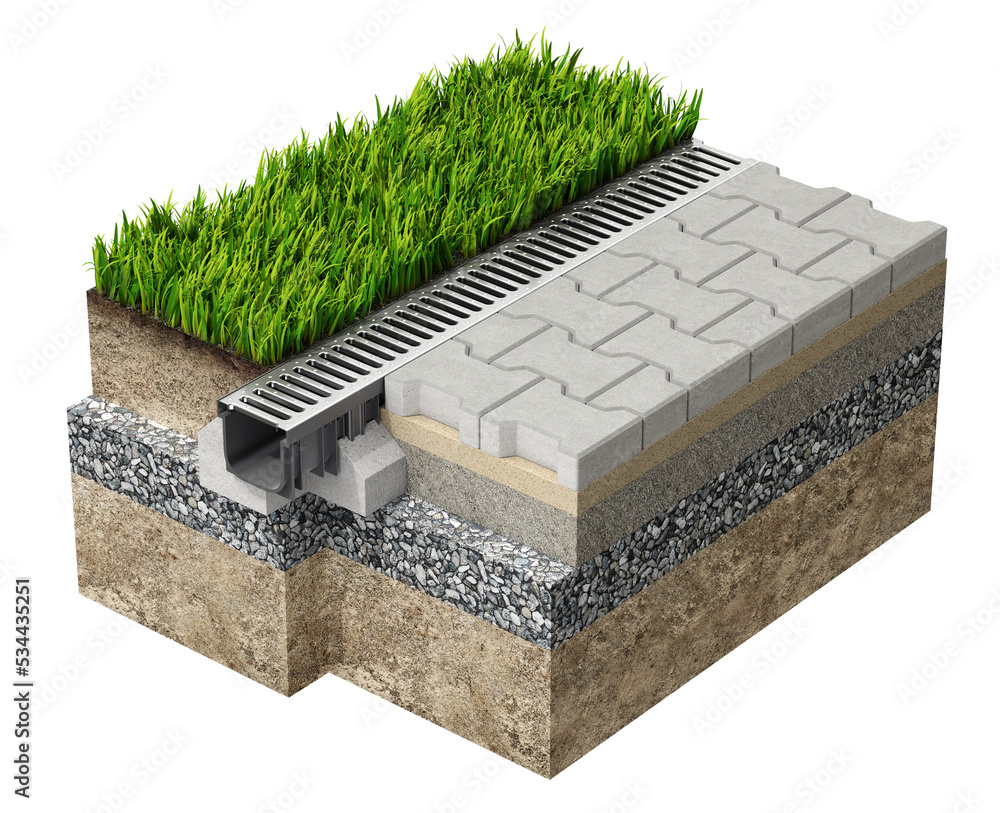 Cross section of drainage system concept with channel between lawn and ...
