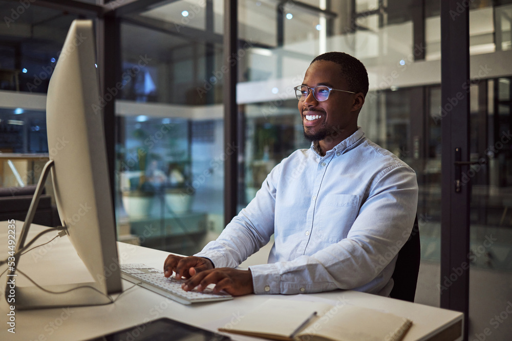 Computer, african businessman and working at night typing on keyboard ...