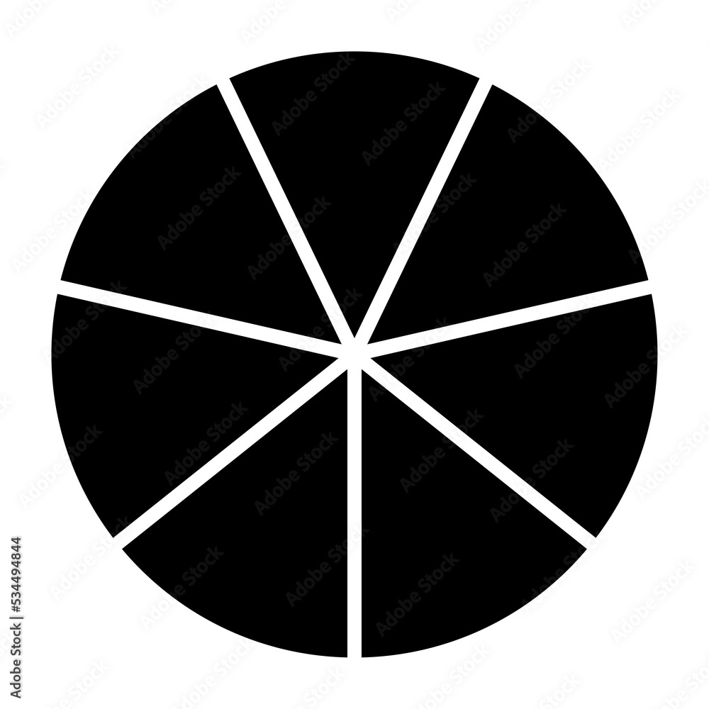 Pie chart, diagram. Black filled circle, no stroke, divided in sevenths ...