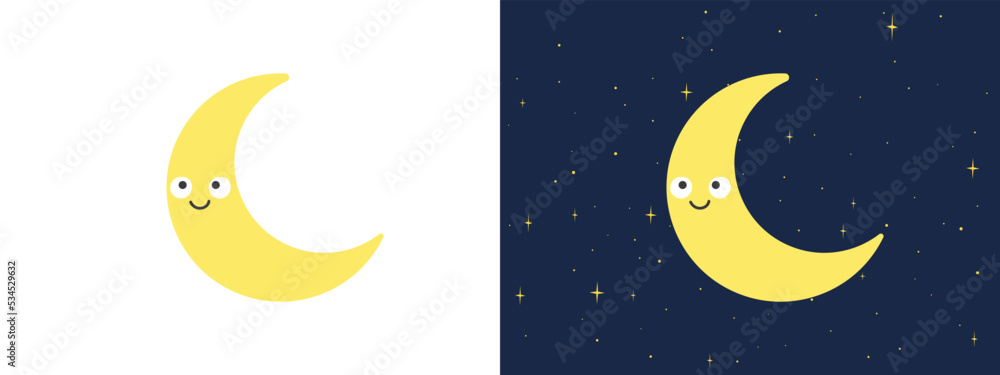 Crescent Moon with kawaii face clipart. Simple cute yellow smiling ...