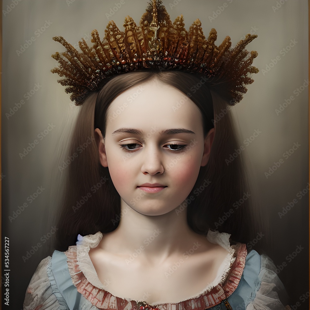 Fairytale princess with a crown on her head, looking down. Fantasy art ...