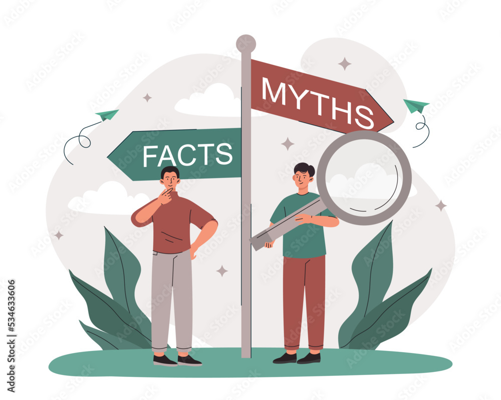 Stock-Vektorgrafik „Myths and facts. Characters with magnifying glass ...