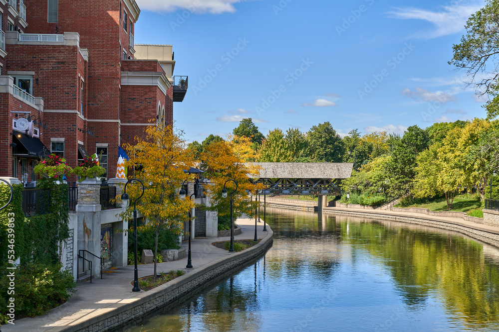 Naperville Riverwalk; Crown Jewel of Naperville; River in downtown Naperville Illinois Stock ...