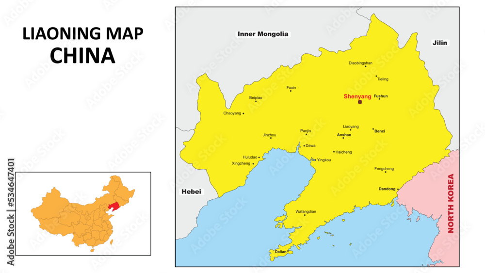 Liaoning Map of China. Major city map of Liaoning. Political map of ...