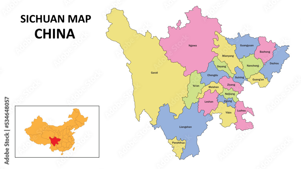 Sichuan Map of China. State and district map of Sichuan. Detailed ...
