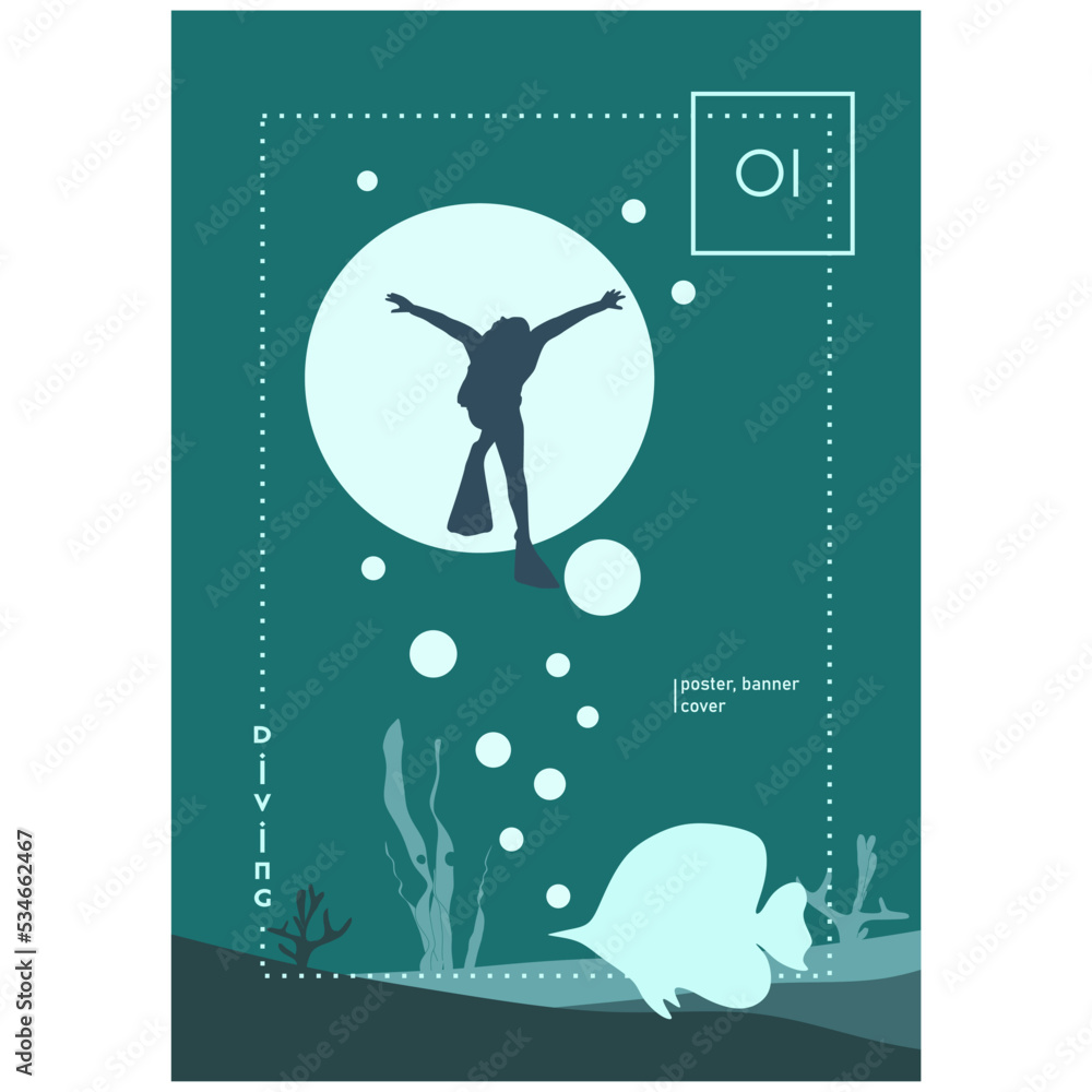 Scuba diving sport poster concept. Underwater landscape. Marine life ...