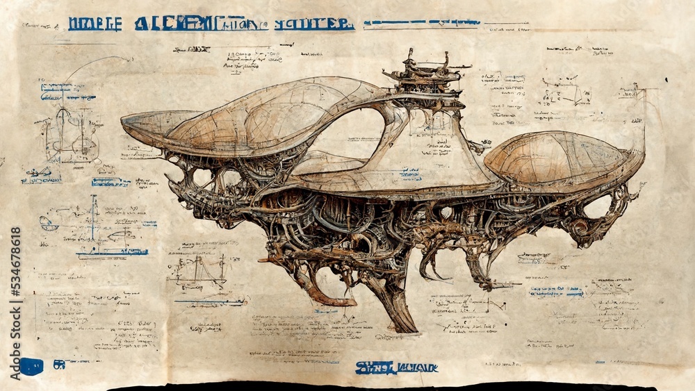 Alien space ship blueprint, sketch, diagram, outline with dimensions ...