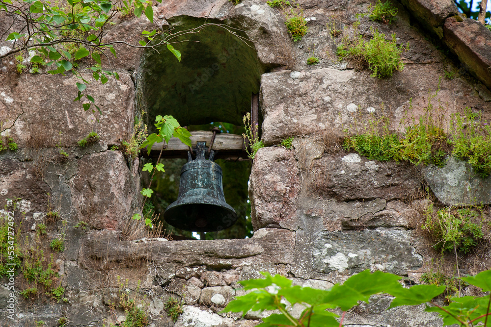 The bell in the stone gate Kilmahog Cemetery, is located at Kilmahog ...