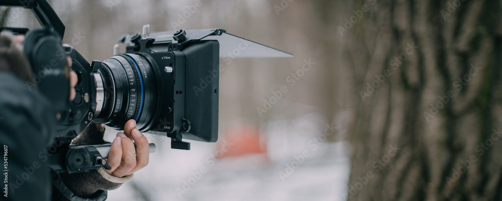 Professional cinema and video camera on the set. Shooting shift ...