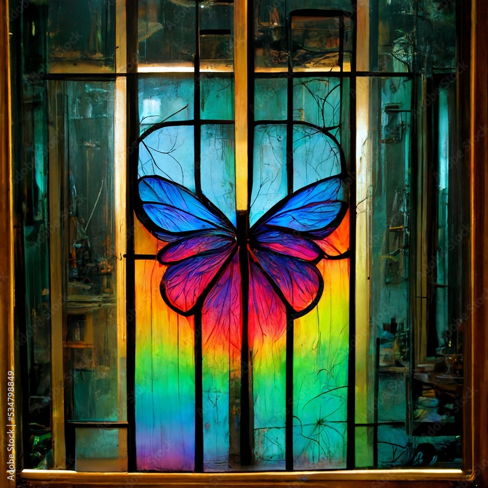 A butterfly stained glass window illustration. Rainbow colors, large ...