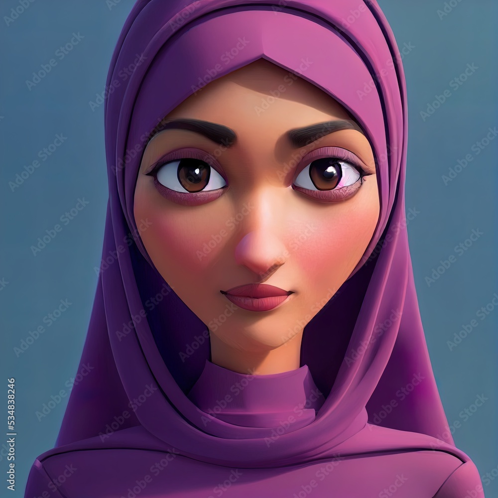 Ilustrace Stylish arab woman covering hairs. Cartoon big eyed close up ...