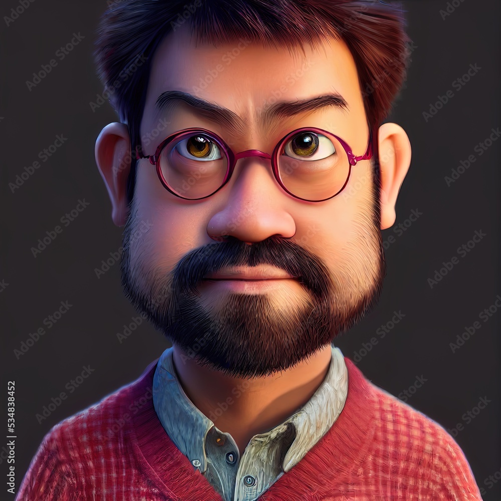 Japanese middle aged man with glasses and beard. Cartoon big eyed close ...