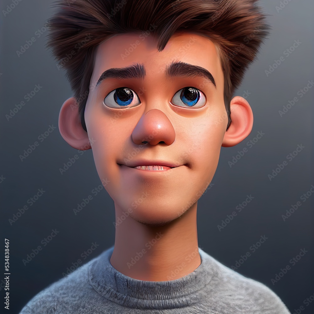 Grownup young teenager man with frendy face. Cartoon big eyed close up ...