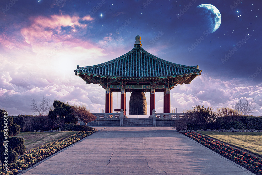 Surreal traditional Korean design temple, gazebo, structure in the park ...