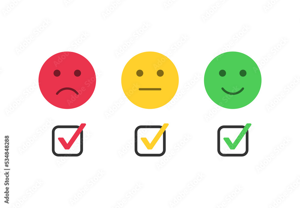 Feedback emoji rating with check mark box frame or emoticon level scale ...